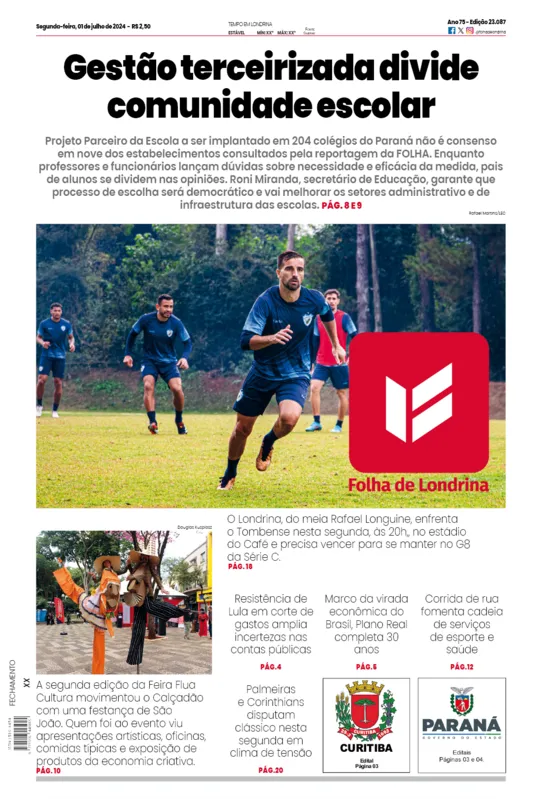 Capa do jornal impresso do dia 01/07/2024 | Folha de Londrina