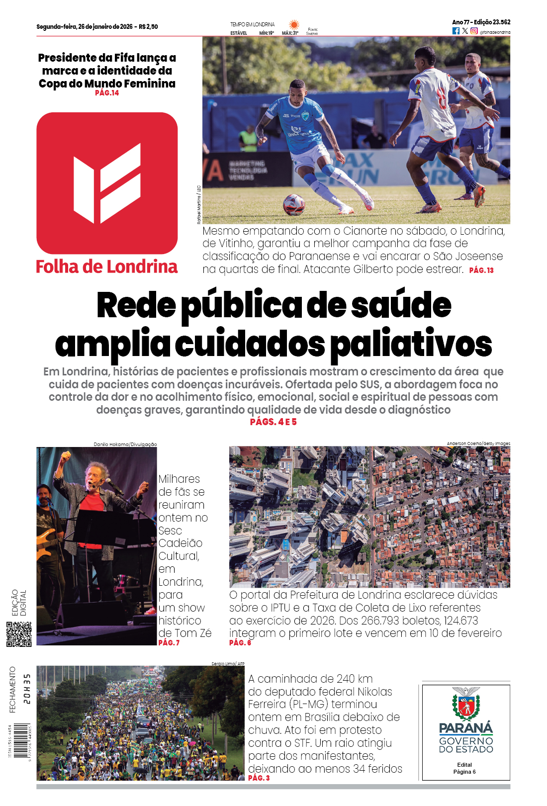Capa do jornal impresso do dia 26/01/2026 | Folha de Londrina